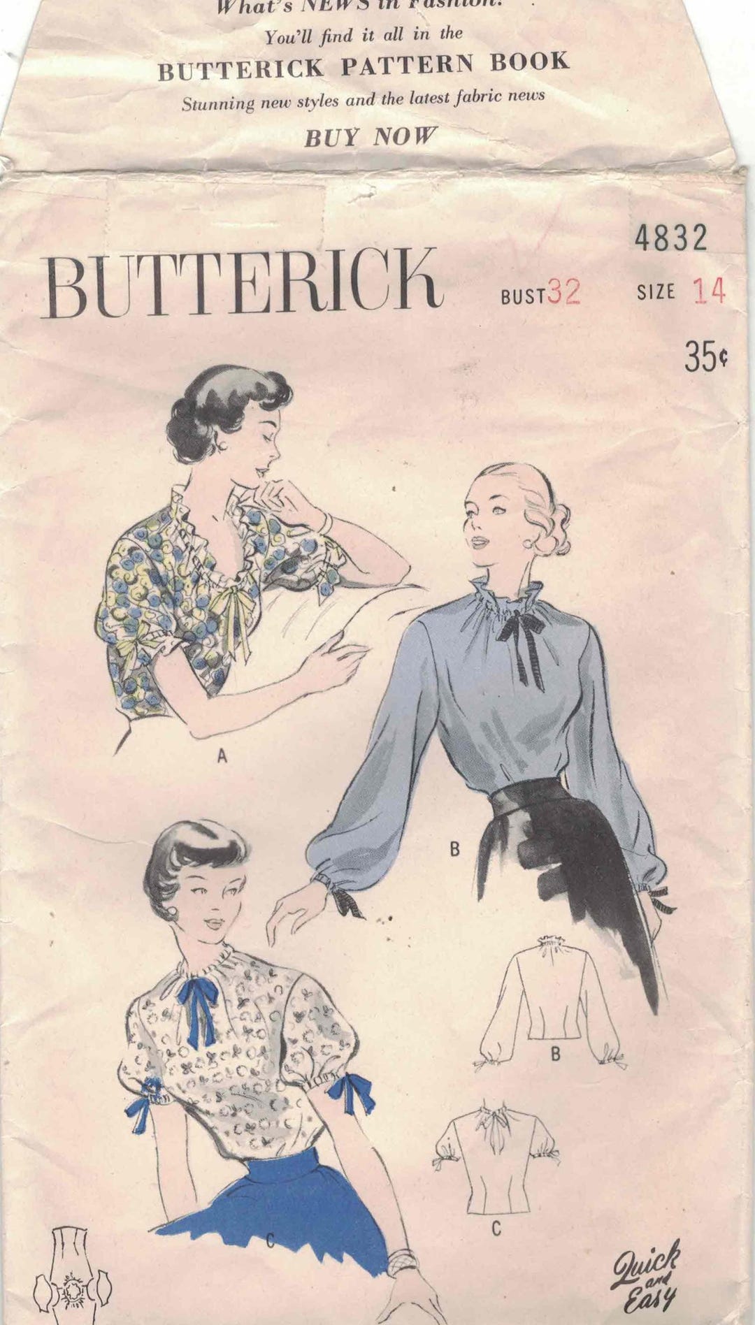 Butterick 4832 - Quick and Easy Blouses - Drawstring Neck and Sleeves ...