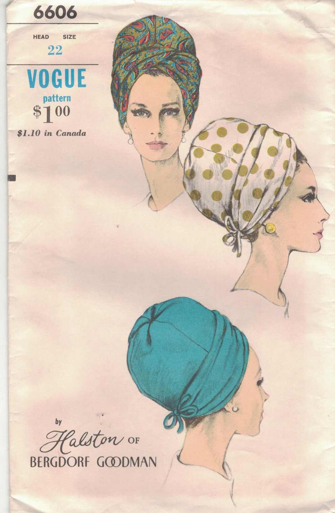 Vogue 6606 - Halston Turban Hats - Size 22 - Cut and Complete. 1960's ...