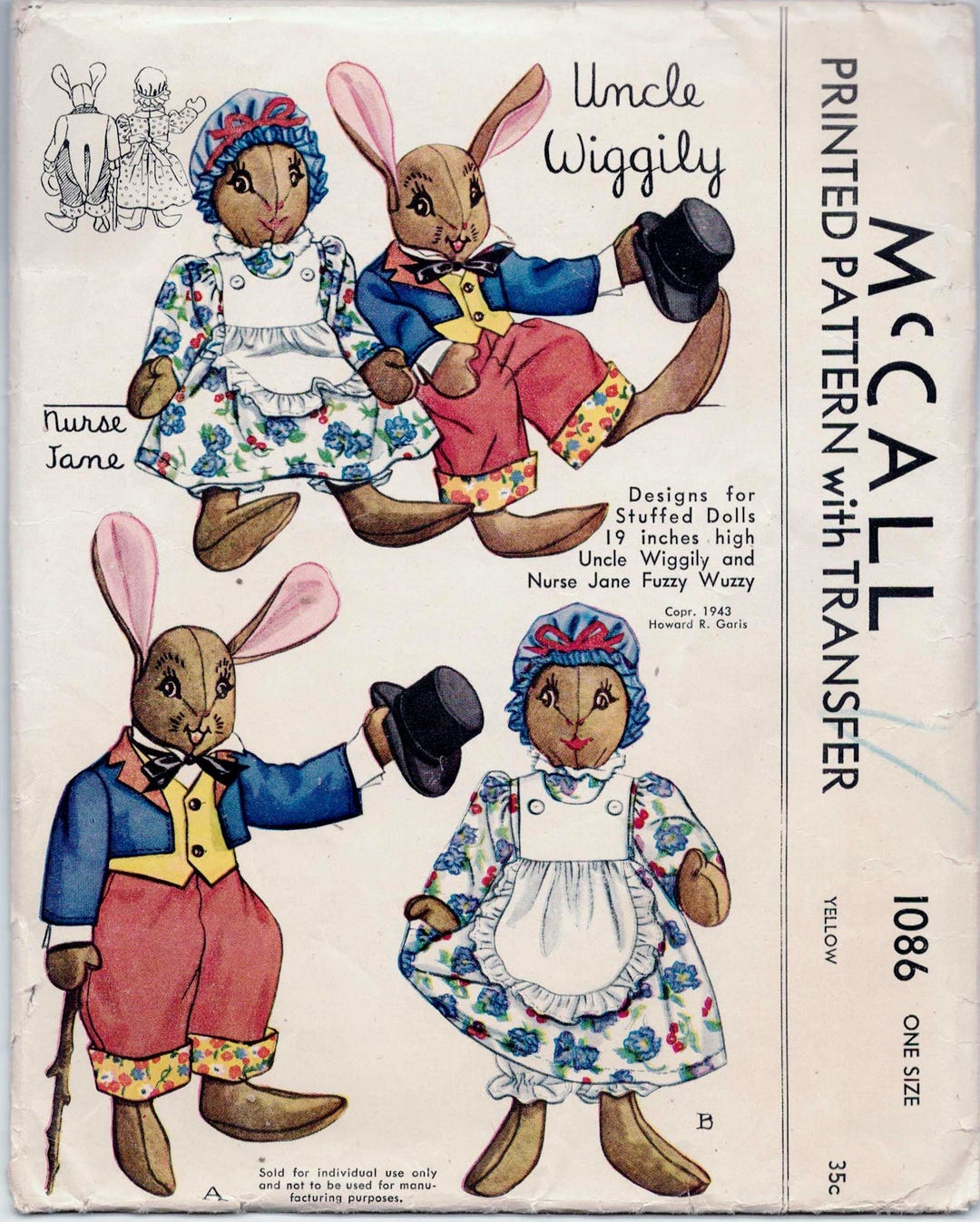 Mccall 1086 - Uncle Wiggily and Nurse Jane Fuzzy Wuzzy With Vintage ...