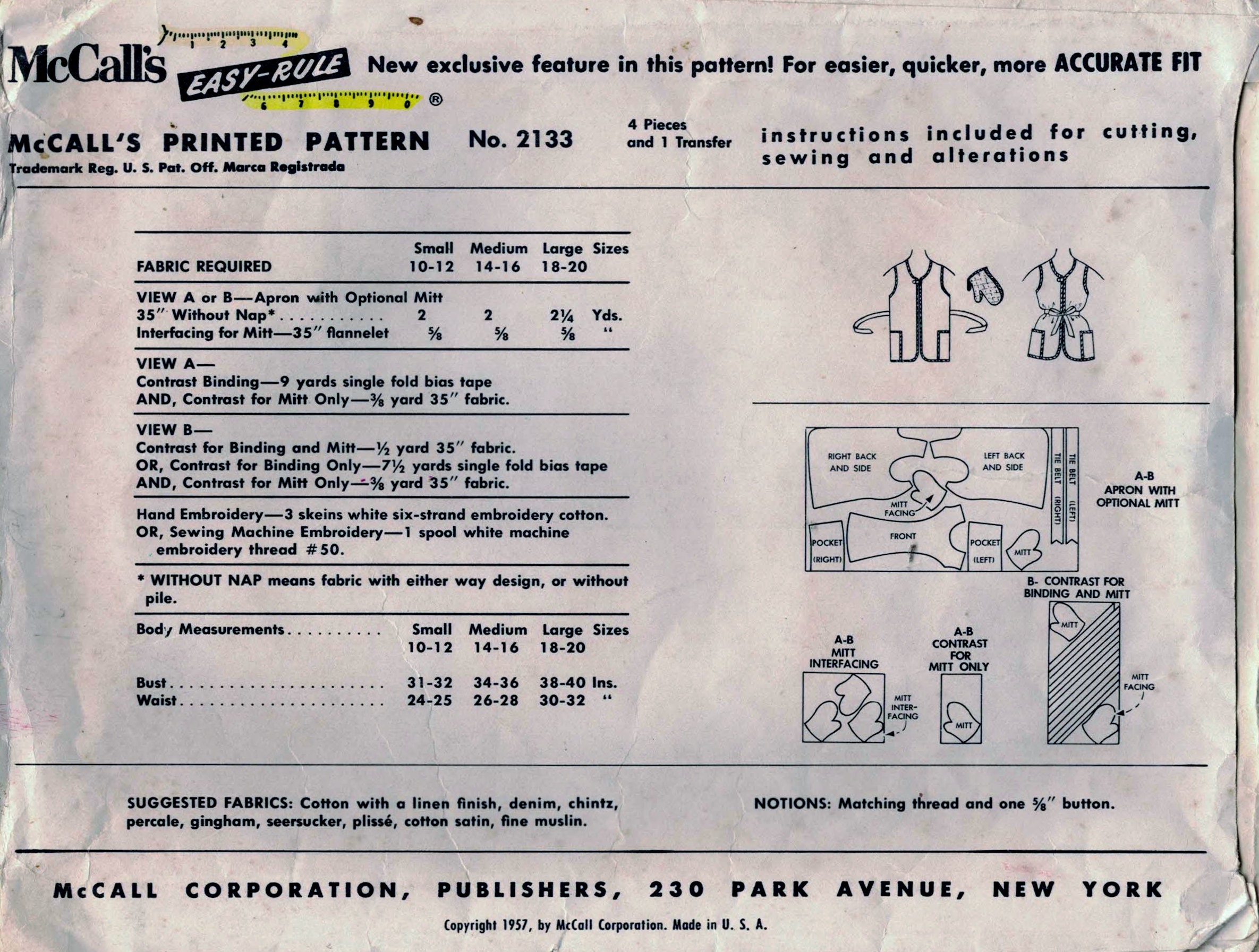 Mccall's 2133 Misses' Instant Cobbler Apron With Mitt, Transfer ...