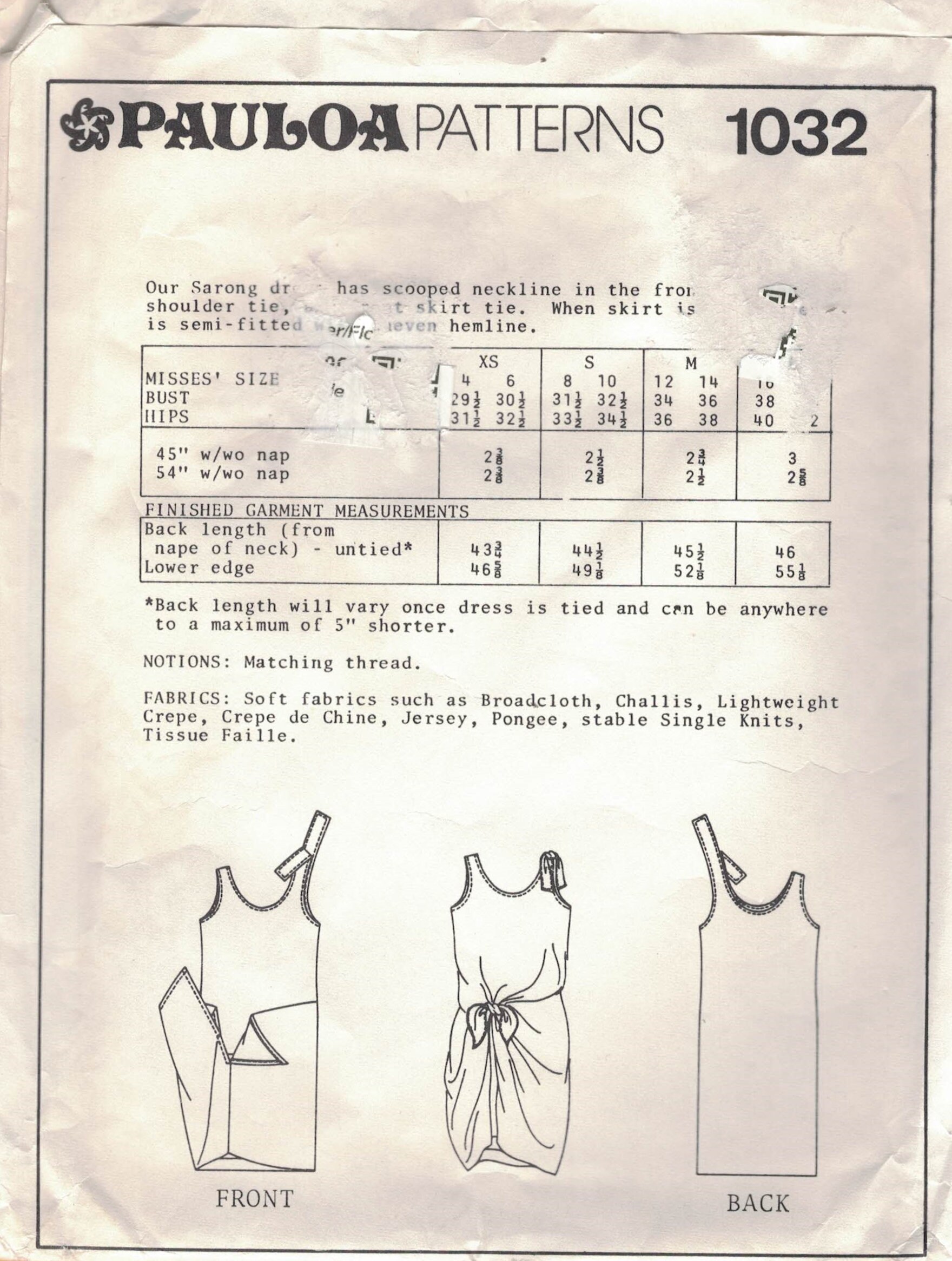 Pauloa Patterns 1032 The Sarong Dress.. Sizes XS L Sizes | Etsy