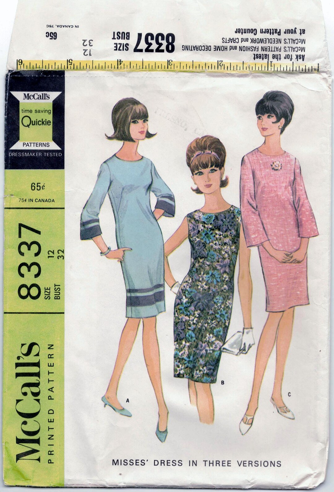 Mccall's 8337 - Mod Dress in 3 Stylish Versions, Size 12, Bust 32, Cut ...