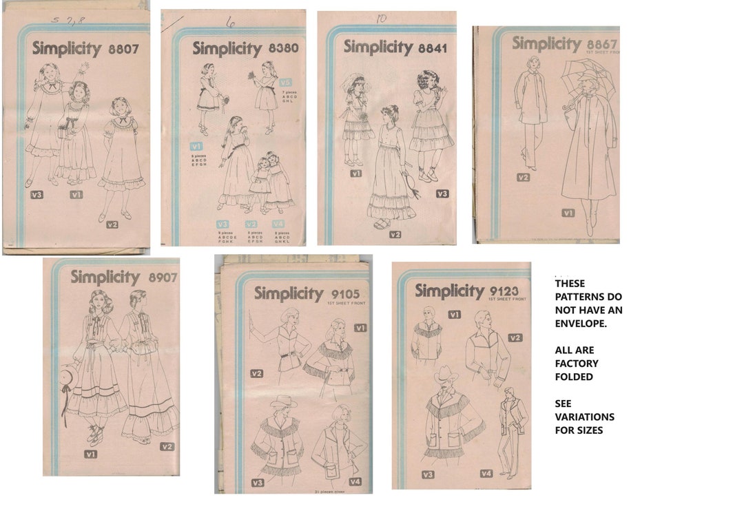Simplicity Patterns - NO ENVELOPES - 8380, 8807, 8841 (3), 8867, 8907 ...