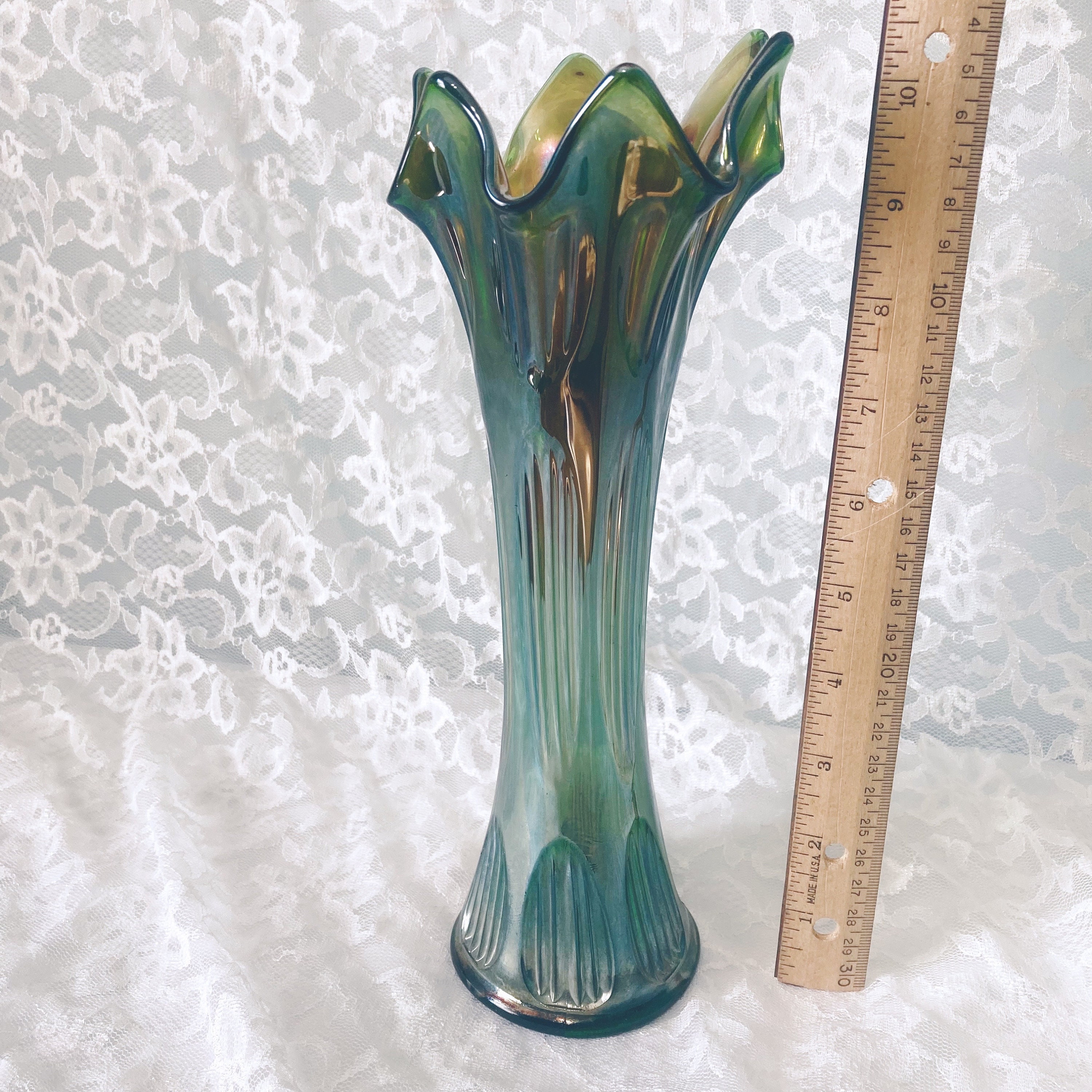 Fenton Carnival Glass Vase Iridescent Green Ruffled Rim - Etsy