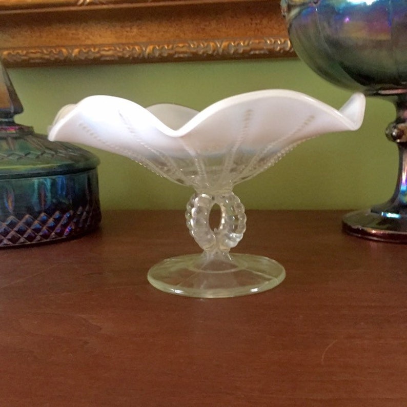 Antique Opalescent White Glass Compote, Wide Ruffle Shape Northwoods ...