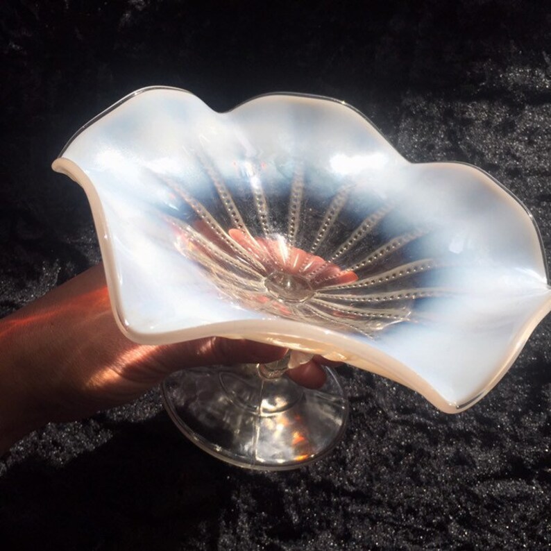 Antique Opalescent White Glass Compote, Wide Ruffle Shape Northwoods ...