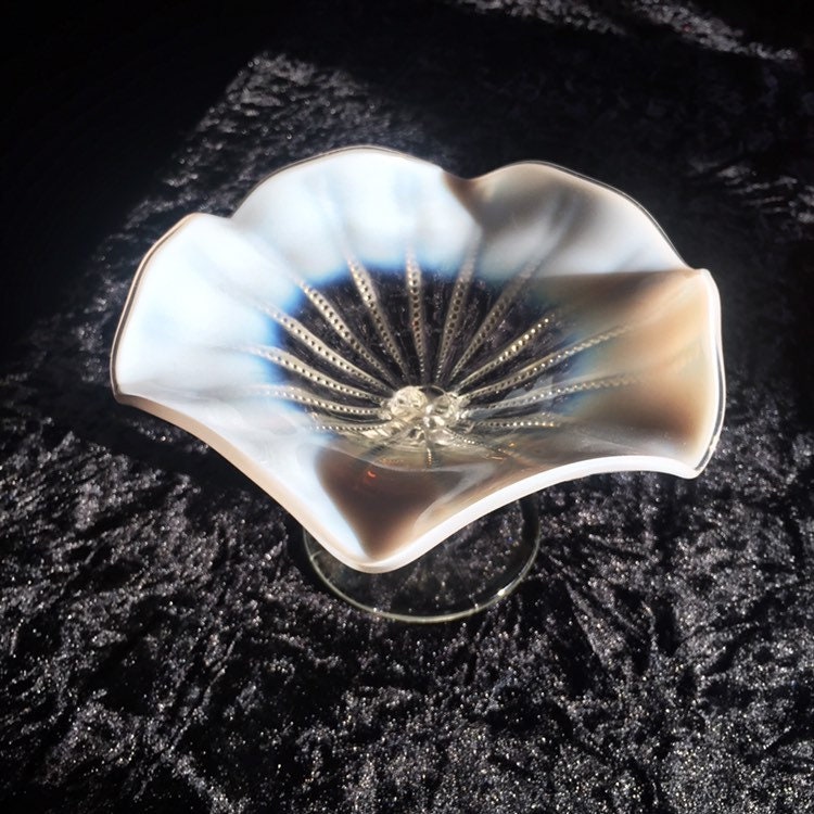Antique Opalescent White Glass Compote, Wide Ruffle Shape Northwoods ...