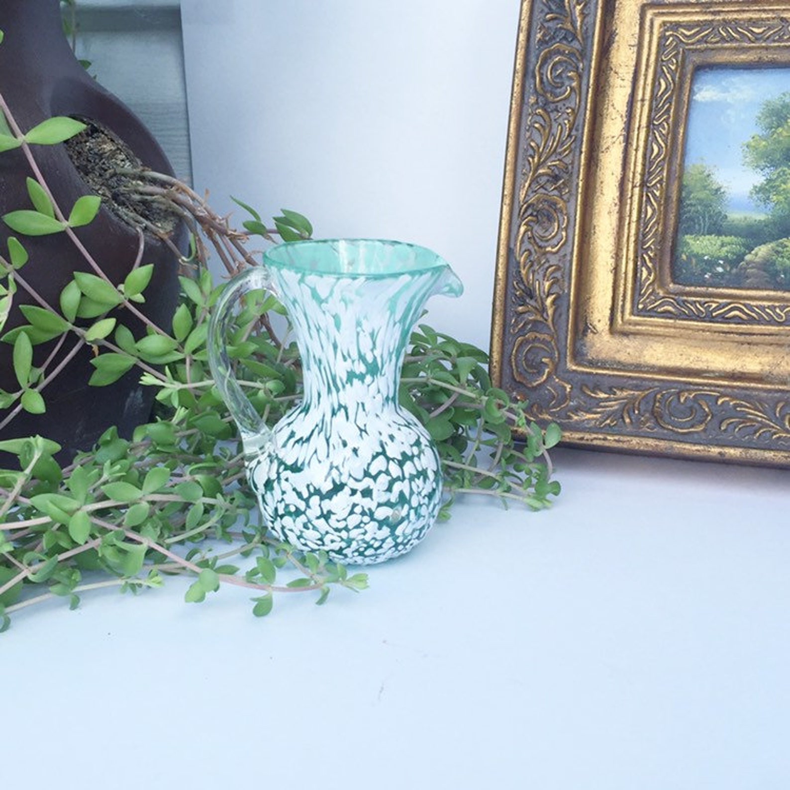 Vintage Aqua Splatter Glass Mini Pitcher Mid Century Modern - Etsy