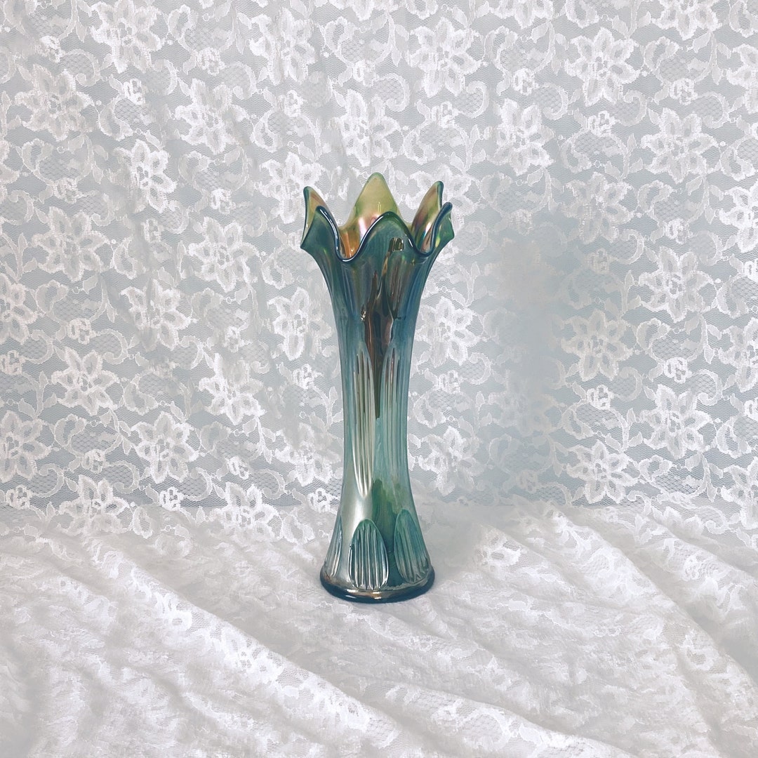Fenton Carnival Glass Vase, Iridescent Green, Ruffled Rim, MCM, Mid ...