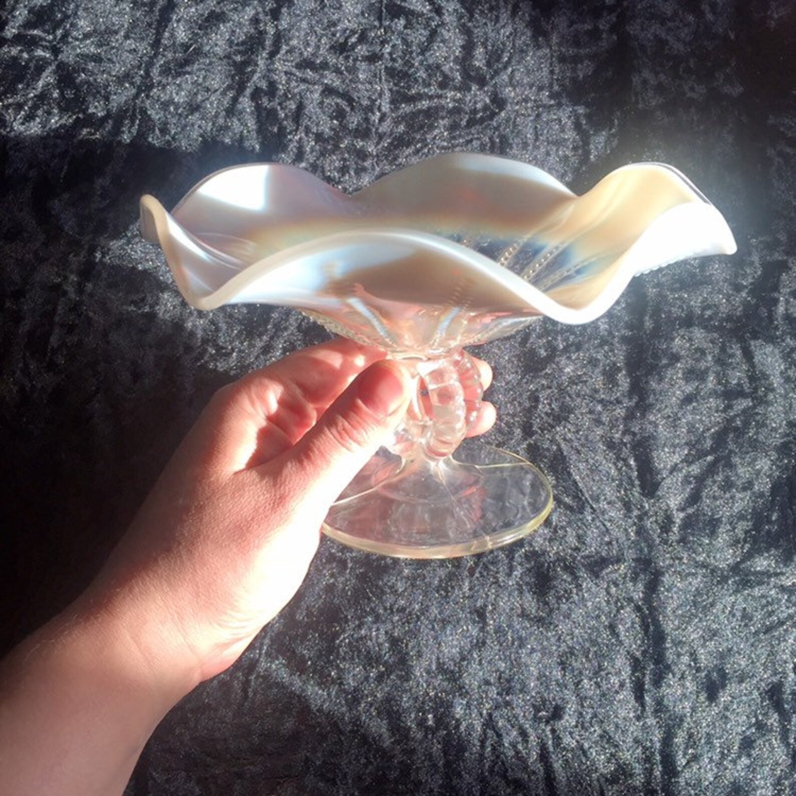 Antique Opalescent White Glass Compote, Wide Ruffle Shape Northwoods ...