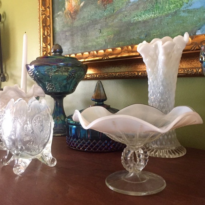 Antique Opalescent White Glass Compote, Wide Ruffle Shape Northwoods ...