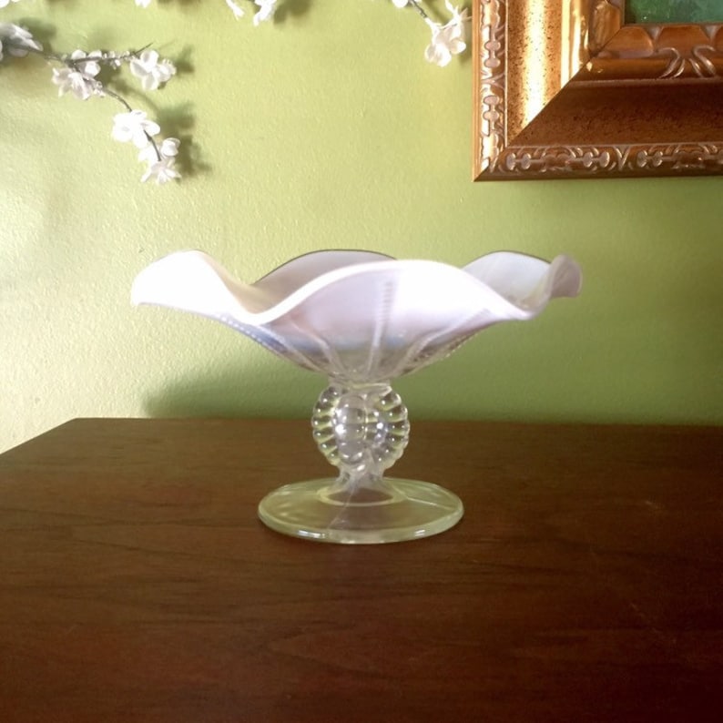 Antique Opalescent White Glass Compote, Wide Ruffle Shape Northwoods ...