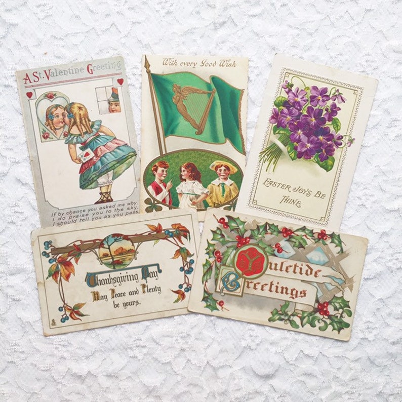 Vintage Holiday Postcards, Antique Postcards, Set of 5, Ephemera Pack ...