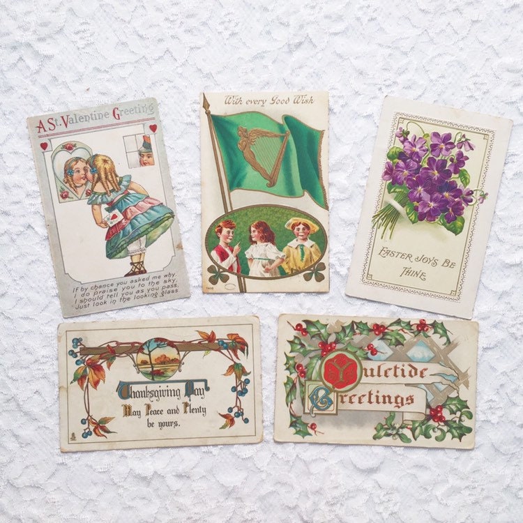 Vintage Holiday Postcards, Antique Postcards, Set of 5, Ephemera Pack ...