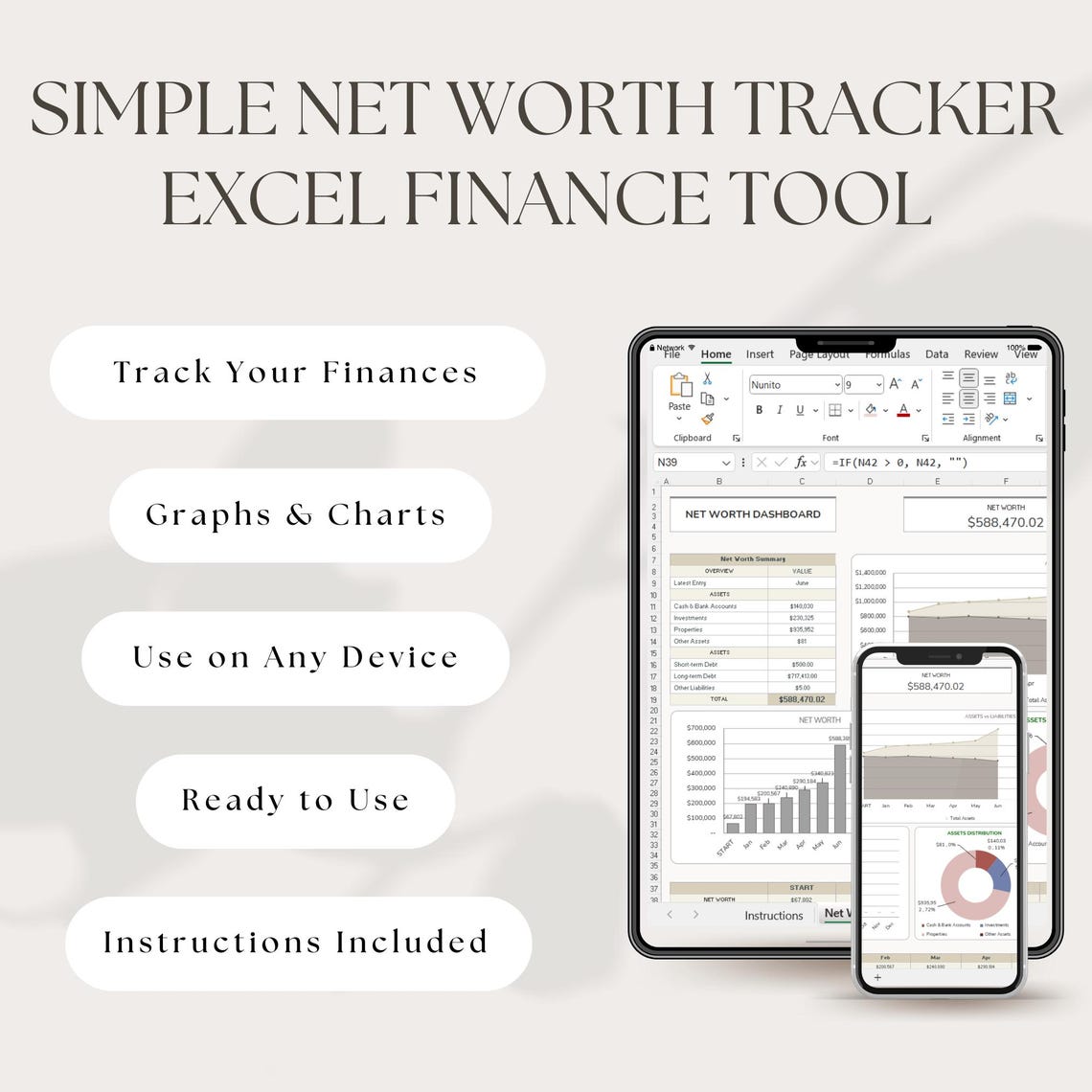 Net Worth Tracker Spreadsheet | Excel Financial Dashboard Template ...