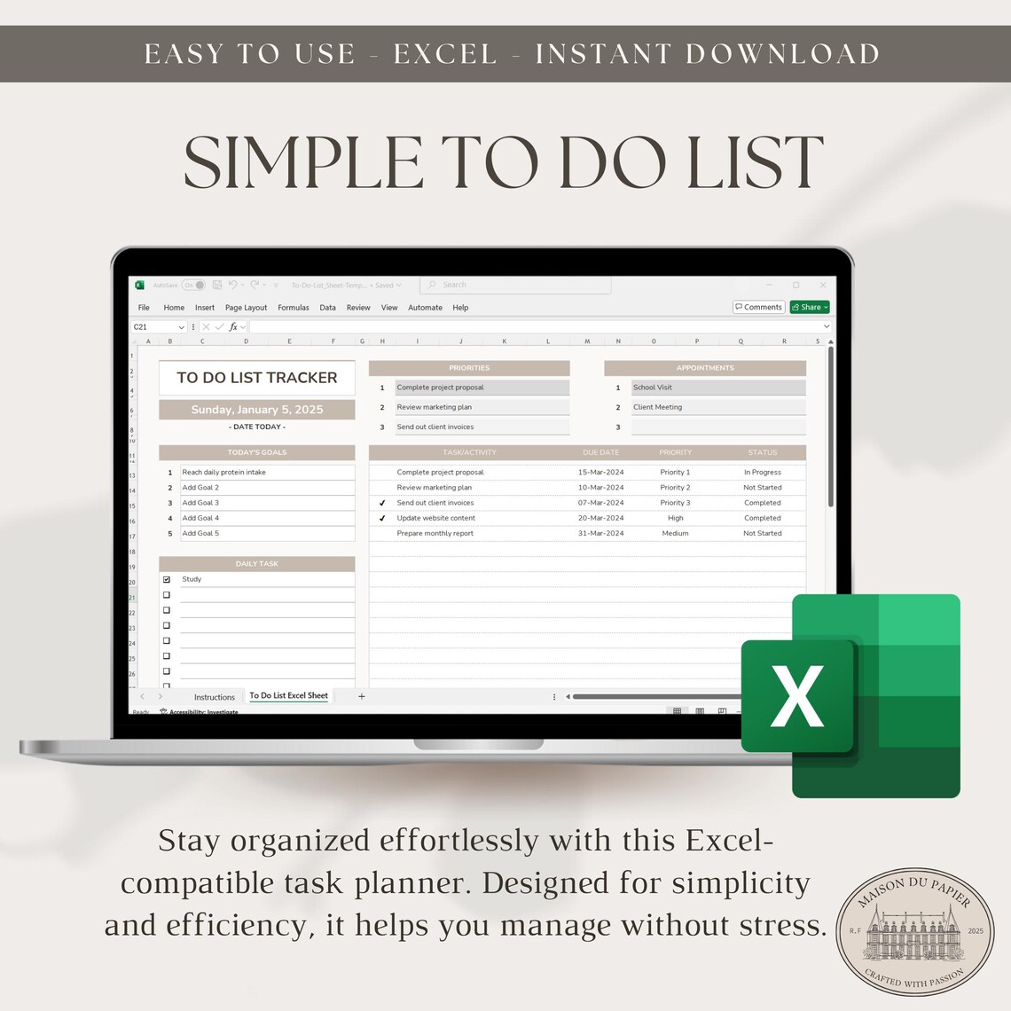Excel Task Planner Spreadsheet | Digital To-do List | Daily Task ...