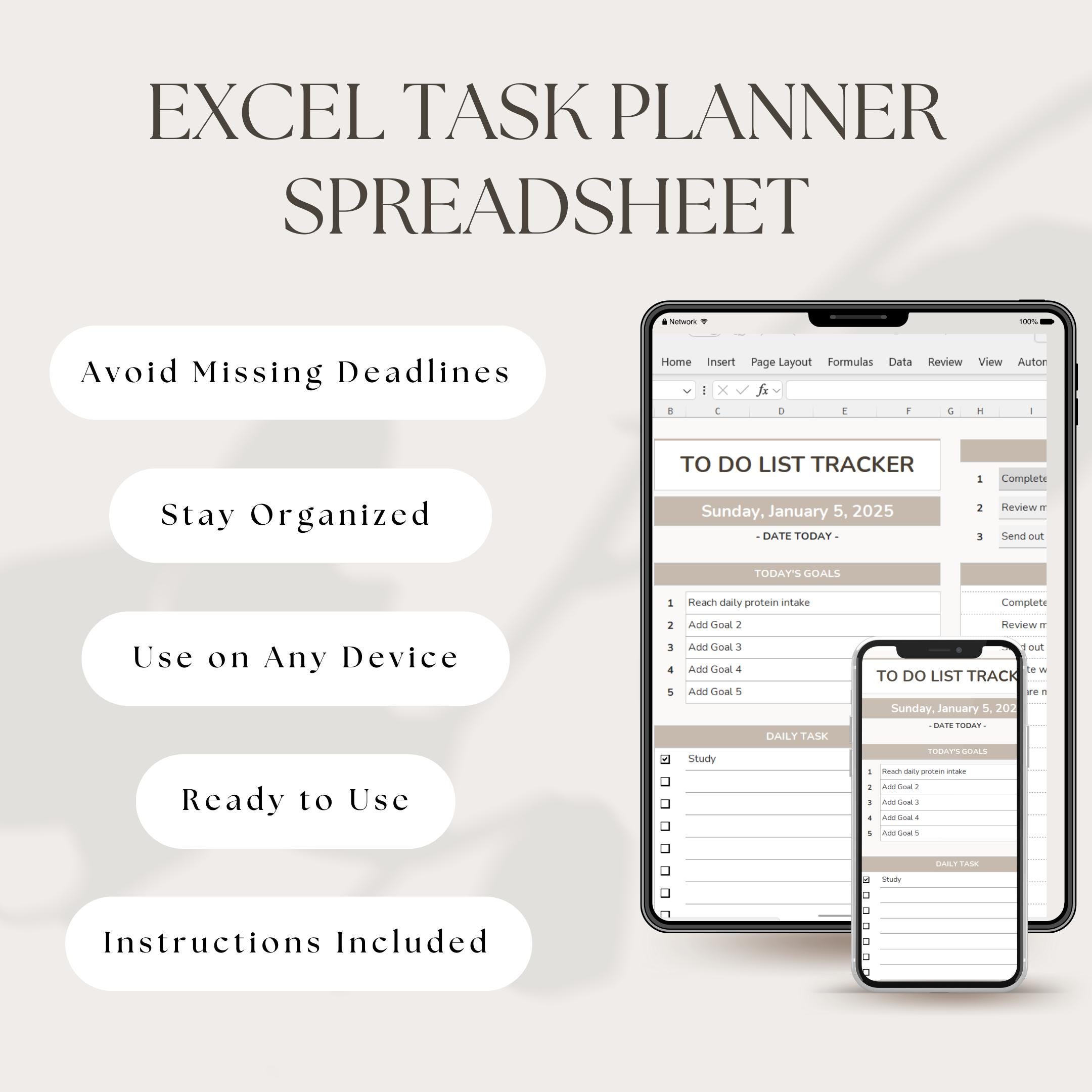 Excel Task Planner Spreadsheet | Digital To-do List | Daily Task ...