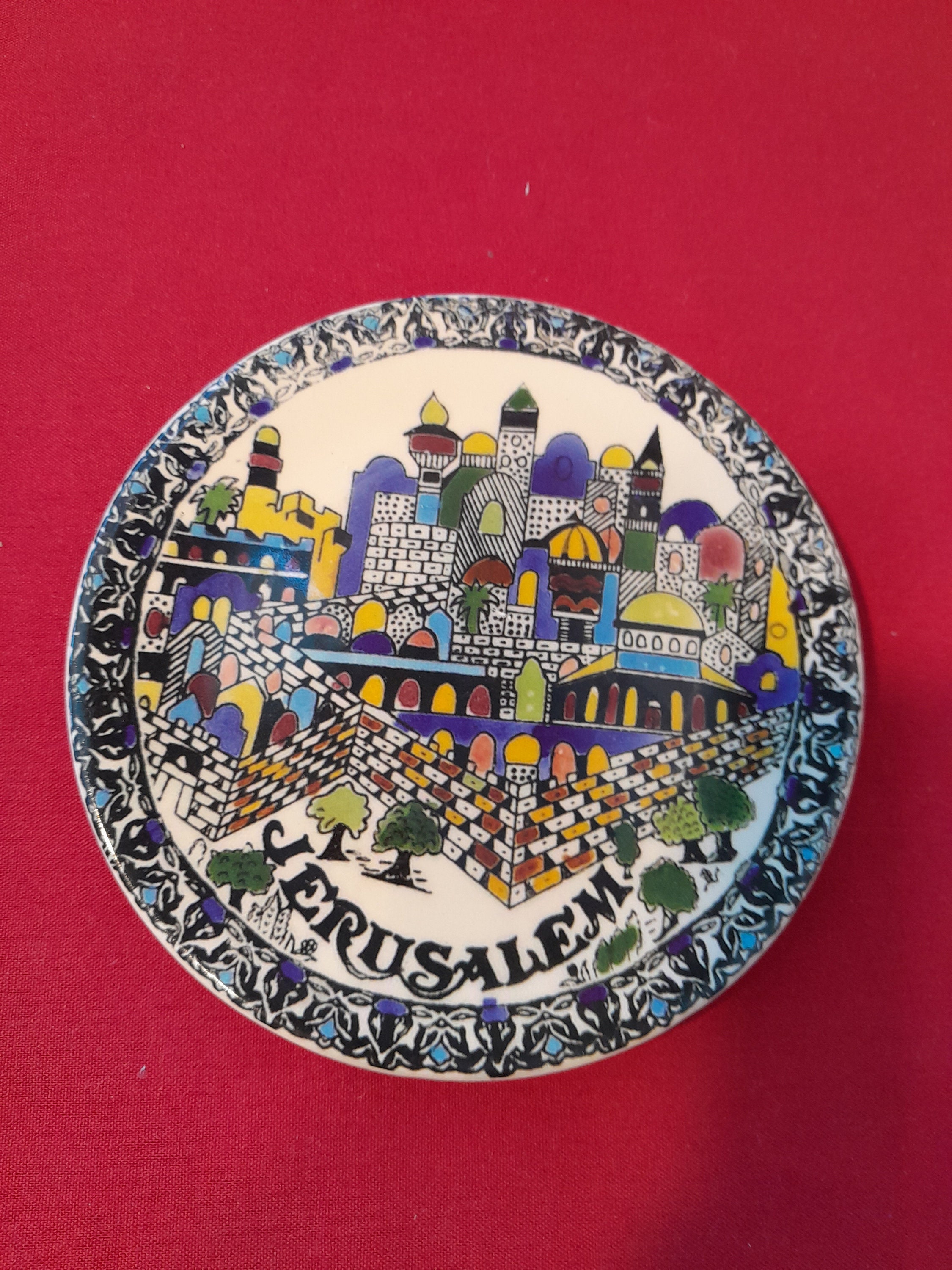 Jerusalem Ceramic Souvenir Plate Colorful Holy Land Jerusalem in Black ...