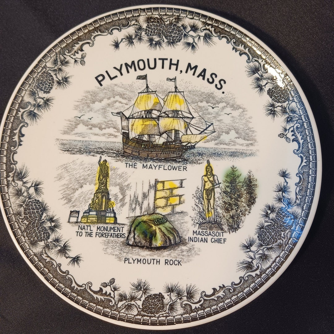 Plymouth Massachusetts Souvenir Plate Mayflower Black Transfer Wear - Etsy