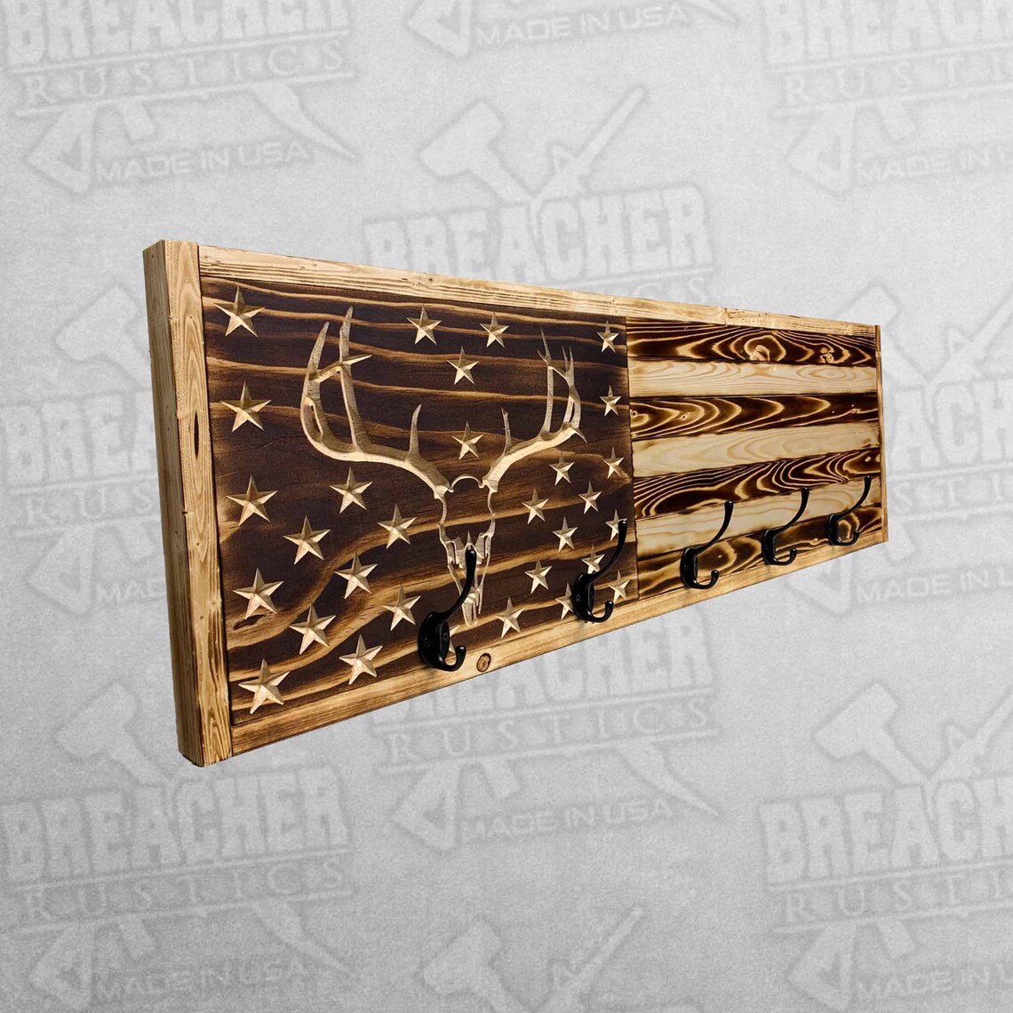 Deer Skull Flag Coat Rack - Hunters Coat Rack- Hunting USA Flag Coat ...