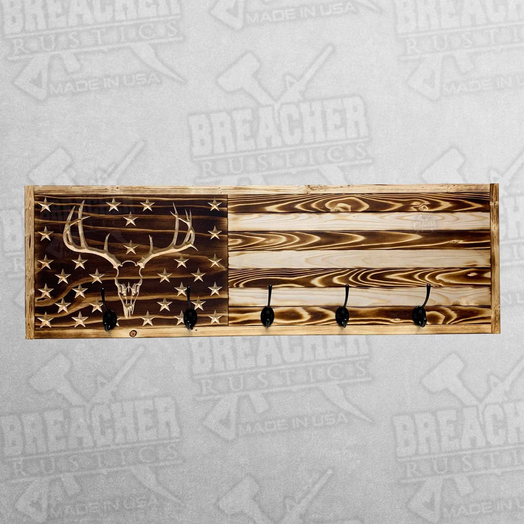 Deer Skull Flag Coat Rack - Hunters Coat Rack- Hunting USA Flag Coat ...