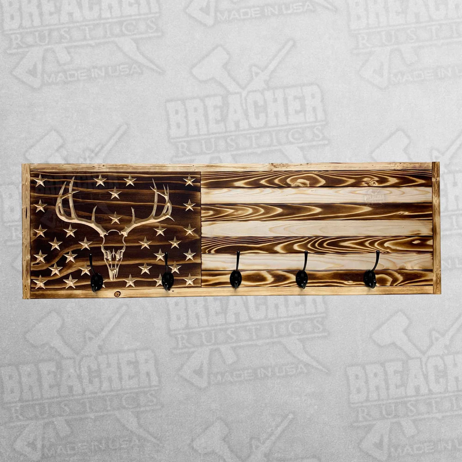 Deer Skull Flag Coat Rack - Hunters Coat Rack- Hunting USA Flag Coat ...
