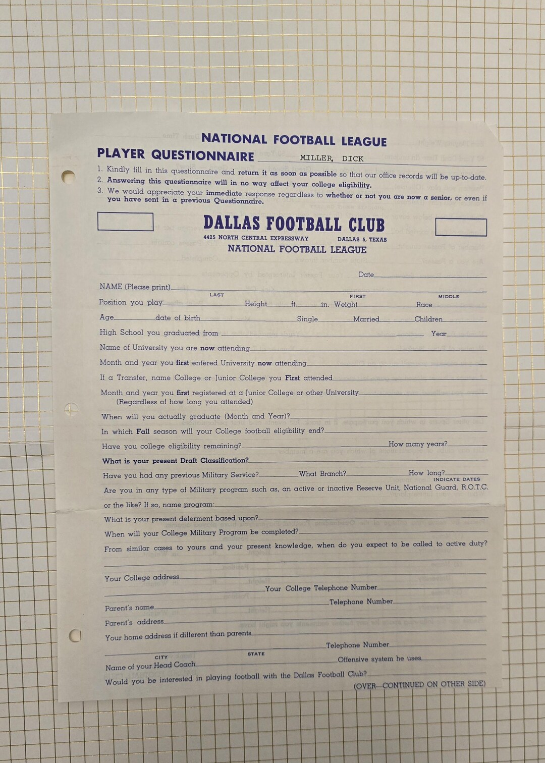 Dallas Football Club Questionnaire Circa 50s - Etsy