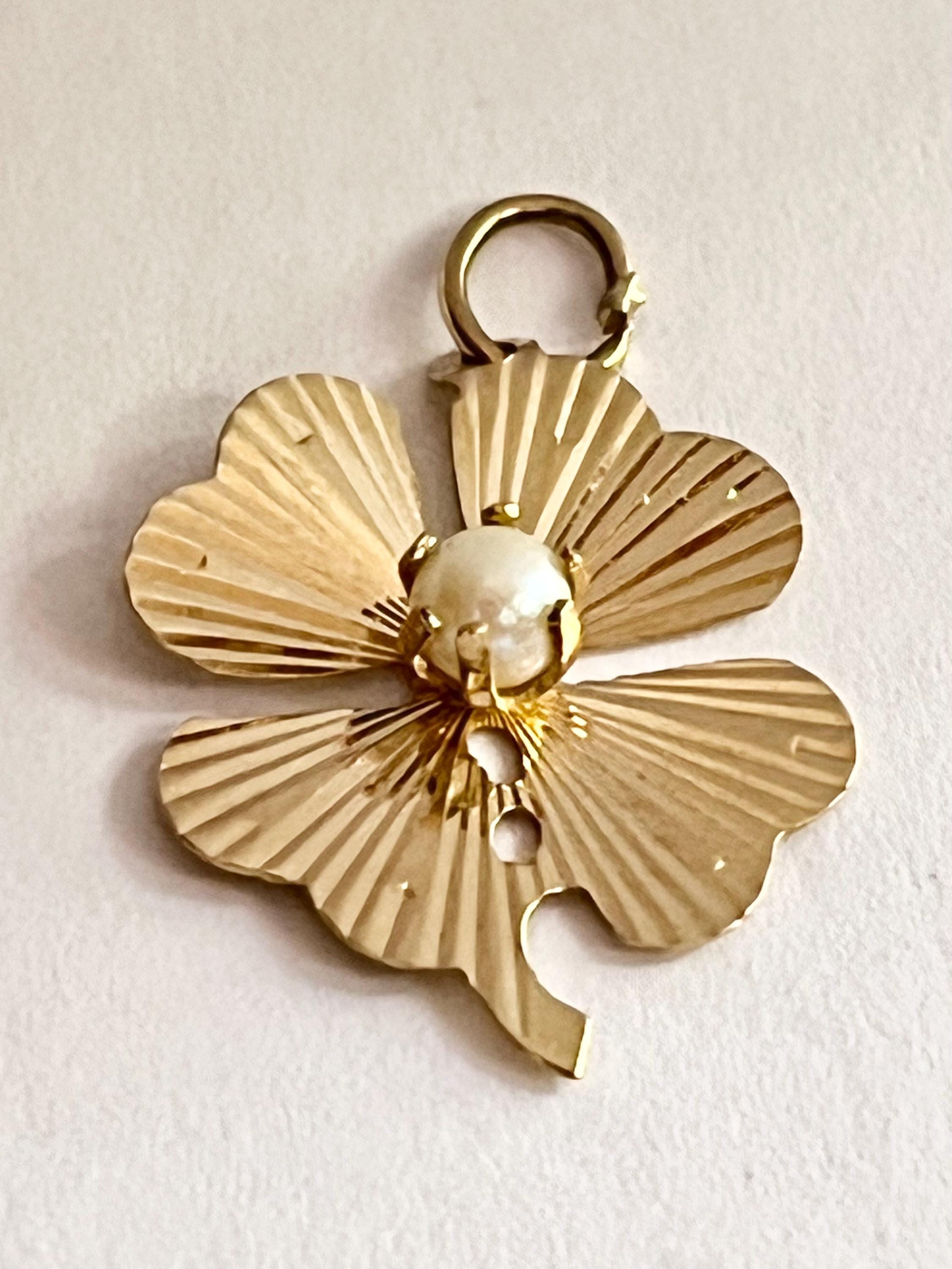 Vintage 14k Gold Real Pearl 4 Leaf Clover Shamrock Charm Pendant Signed ...