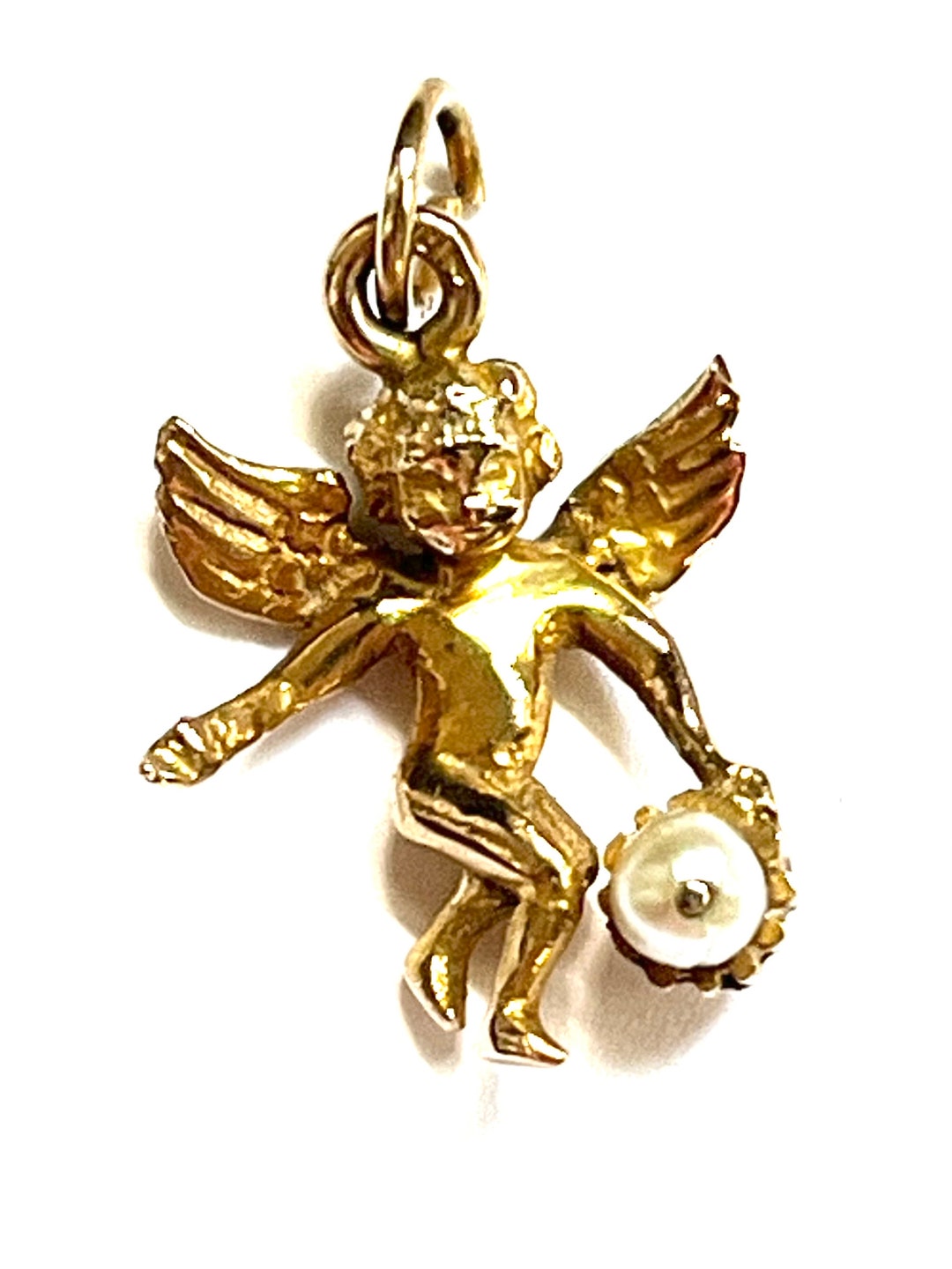 Vintage Ruser Style 14K Gold Pearl Angel Cherub Bowling Charm Pendant ...