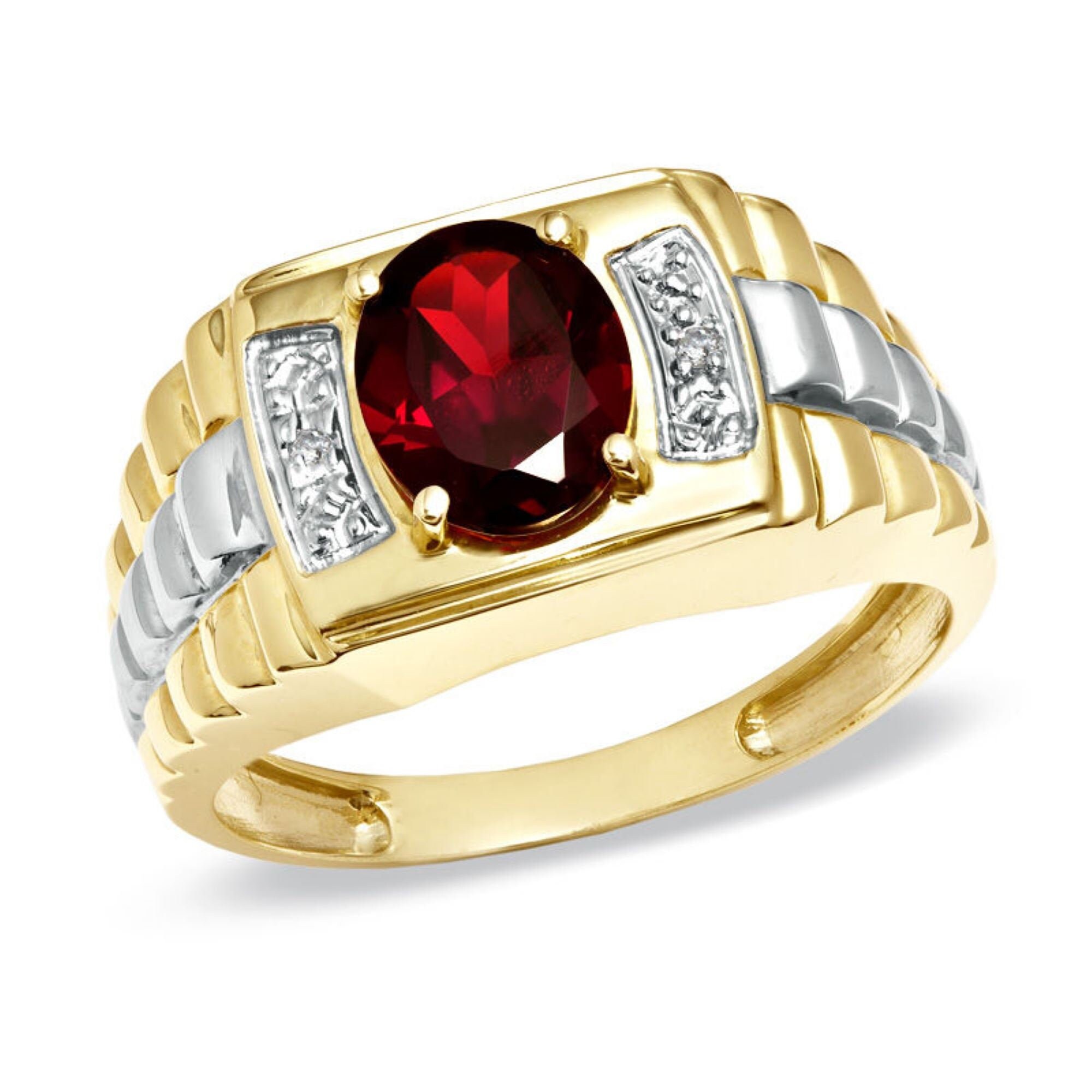 Men's Oval Garnet and Diamond Accent Ring in 10K Two Tone Yellow and ...