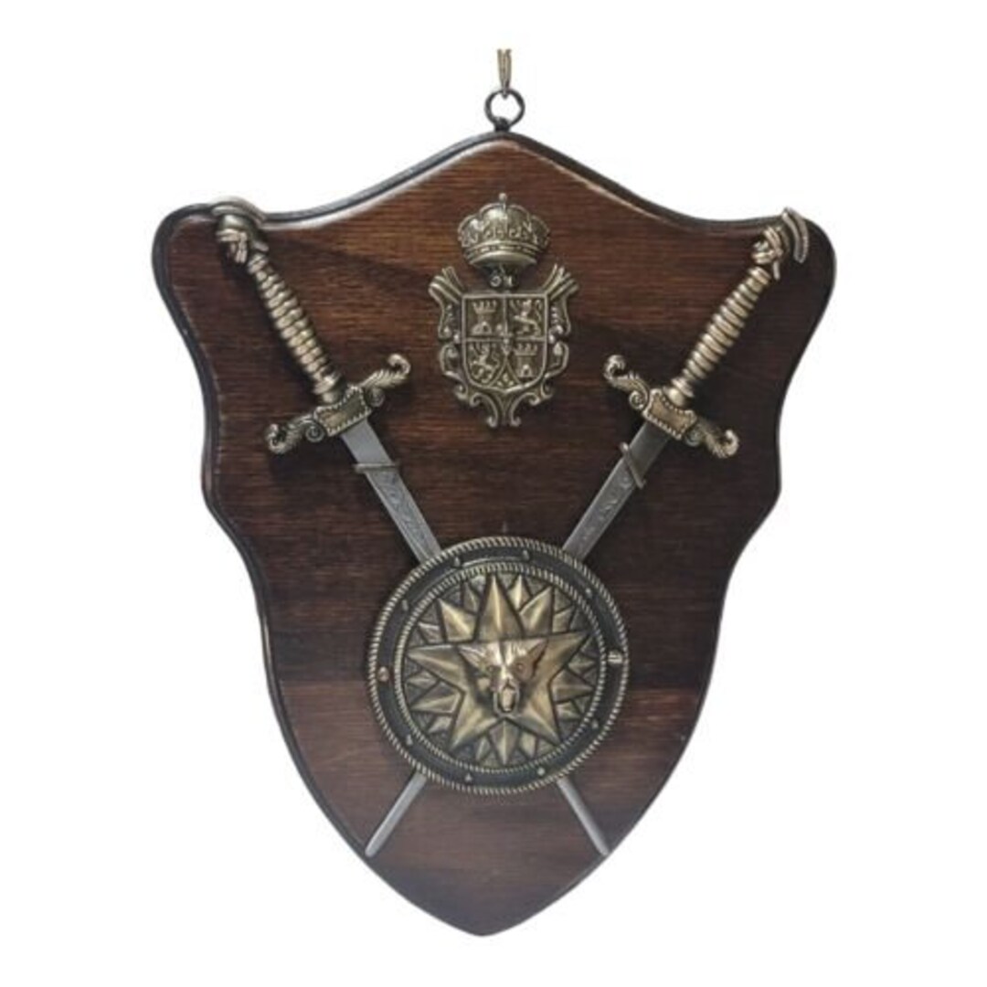 Vintage Coat of Arms Medieval Crest Wall Plaque Swords Knight Lions ...