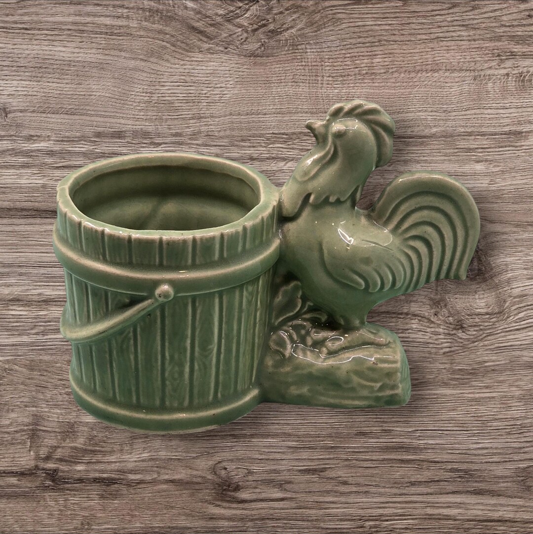 Vintage Unmarked Green Ceramic Rooster With Pail/bucket Planter - Mccoy ...