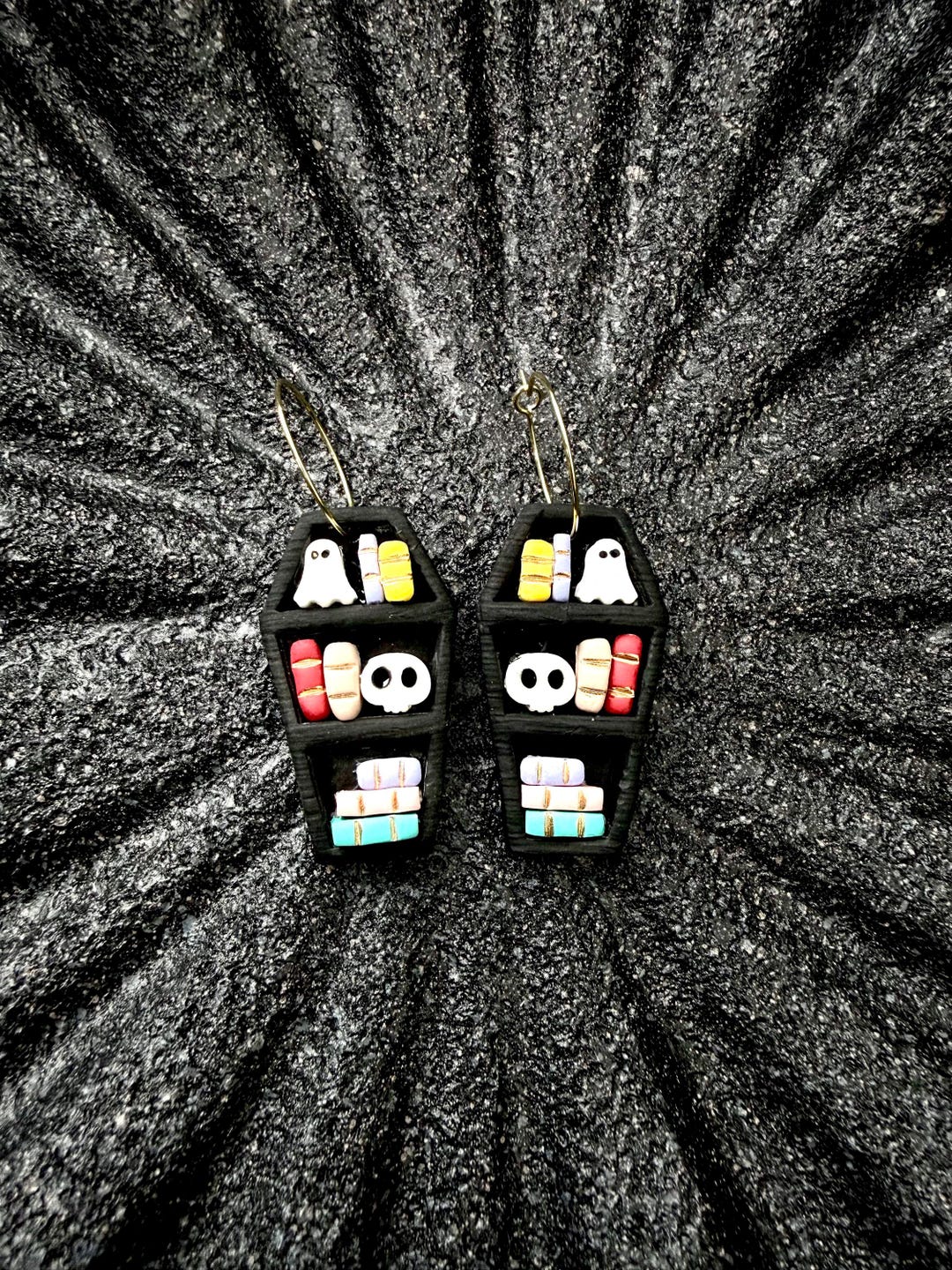 Polymer Clay Coffin Earrings: Spooky Ghost & Skull Bookshelf Jewelry - Etsy