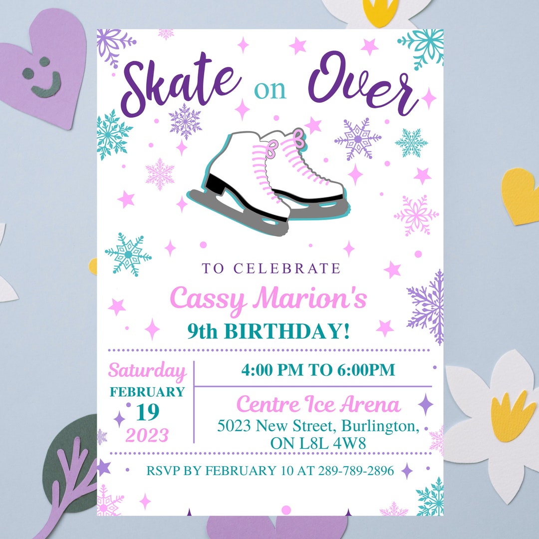 Editable Ice Skating Birthday Invitation, Skate on Over Party Template ...