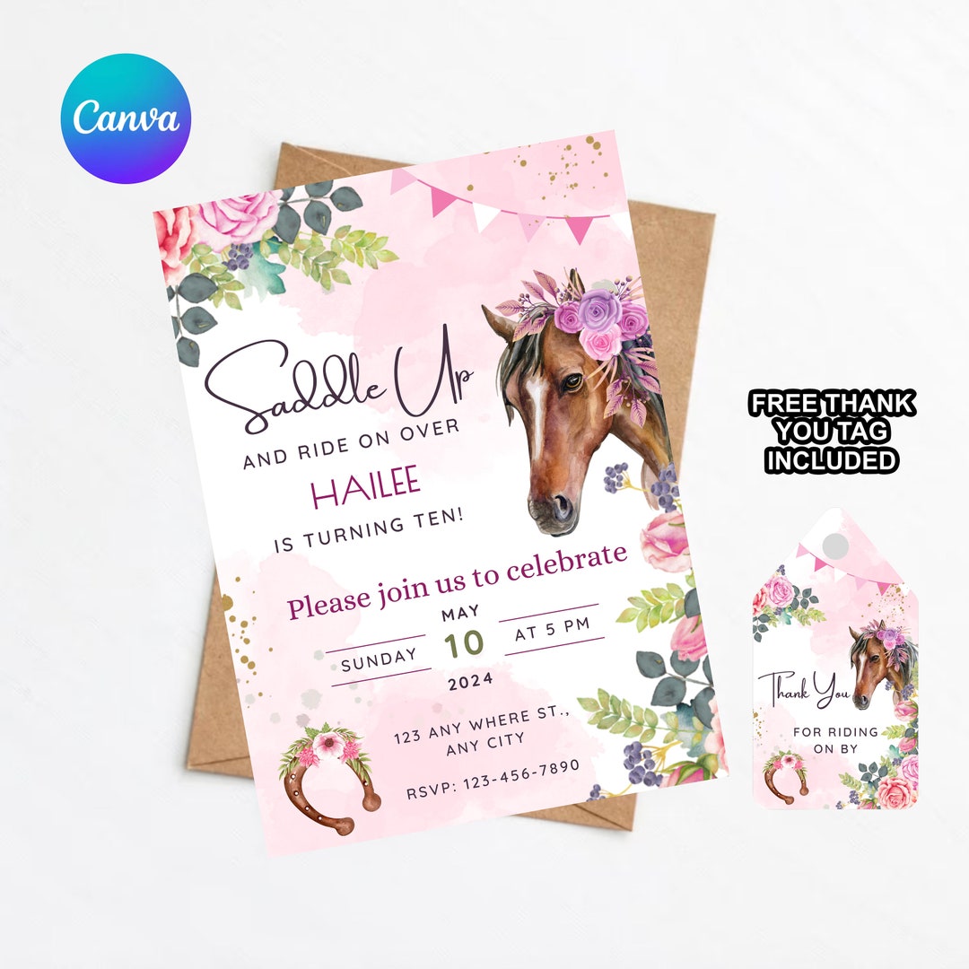 Editable Saddle up Invitation, Girl Horse Birthday, Watercolor Cowgirl ...