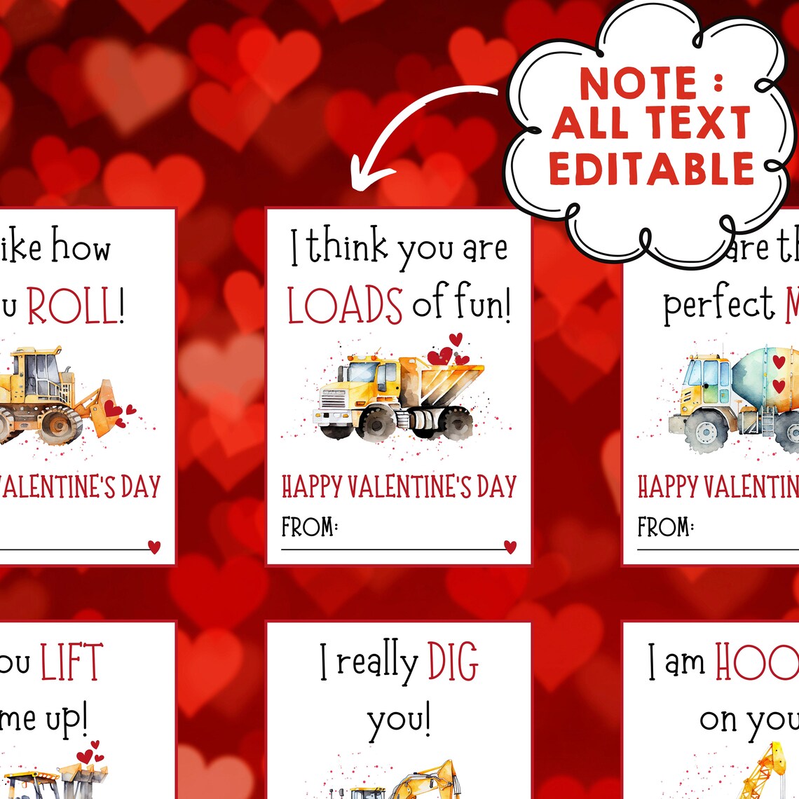 EDITABLE CONSTRUCTION THEME Kids Valentine Cards, Printable Valentine's ...
