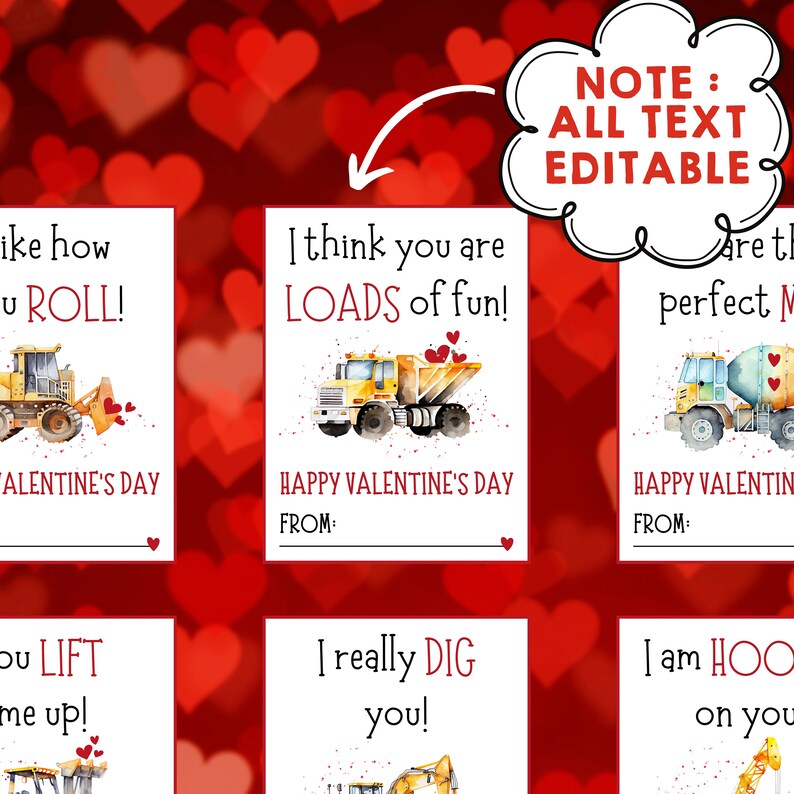 EDITABLE CONSTRUCTION THEME Kids Valentine Cards, Printable Valentine's ...