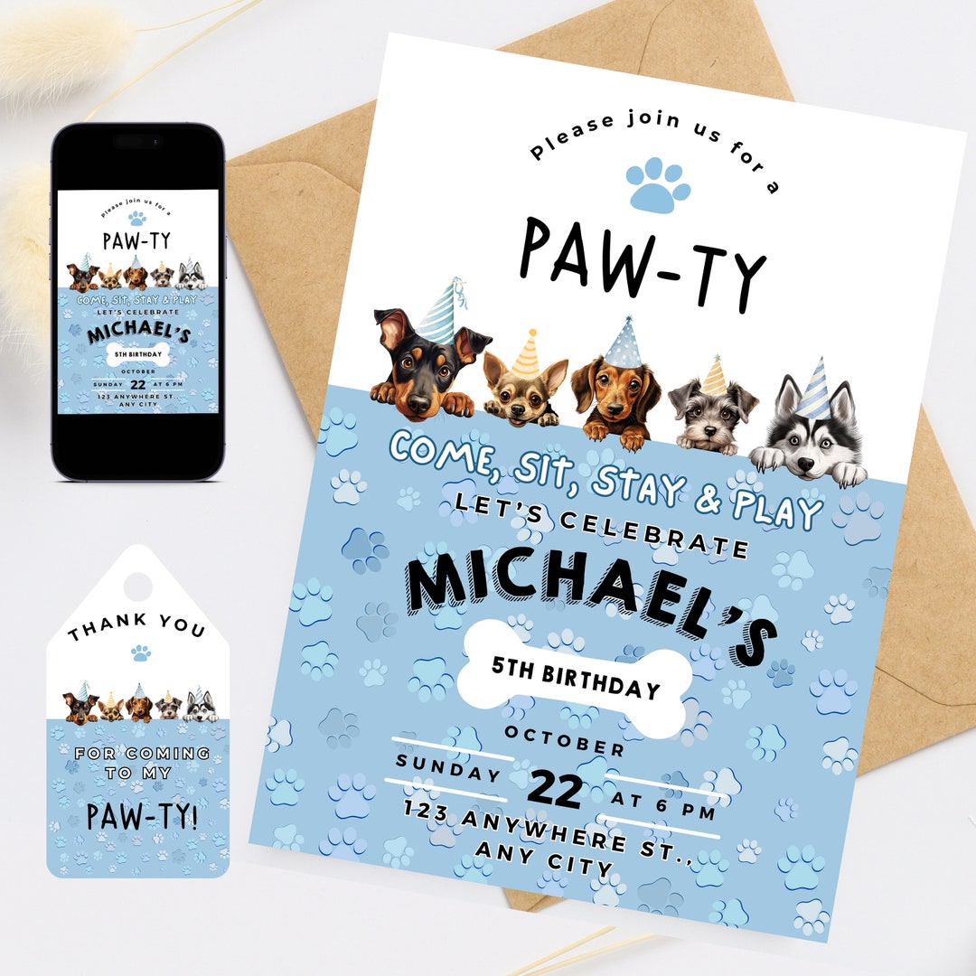 Puppy Birthday Invitation, Dog Invitation, Let's Paw-ty Birthday ...