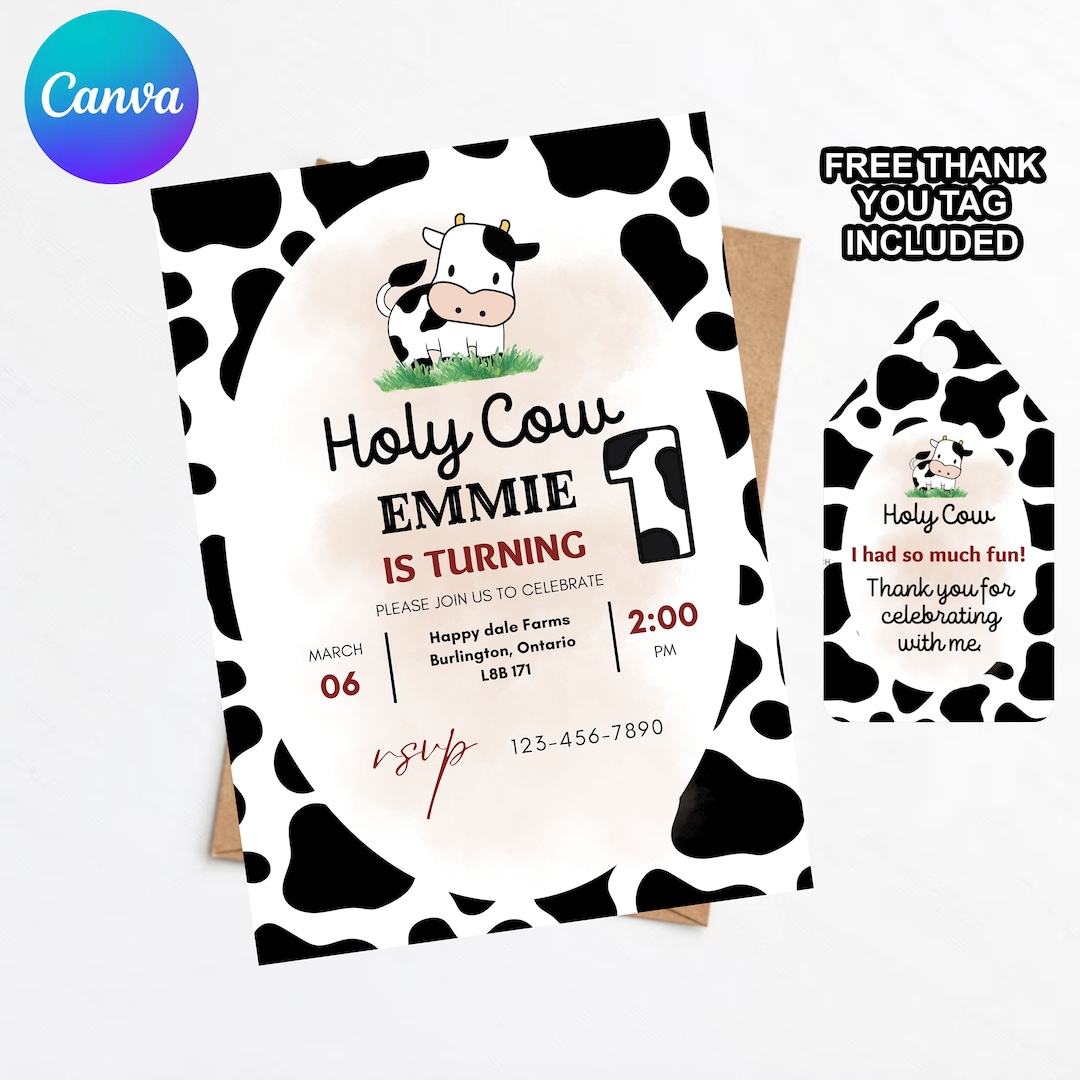 Holy Cow 1st Birthday Invitation, Editable Holy Cow Invitation ...