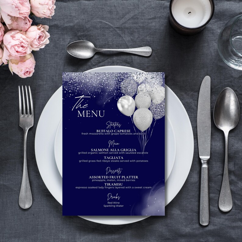 Editable Table Menu, Navy and Silver Menu Card, Editable Template Men ...