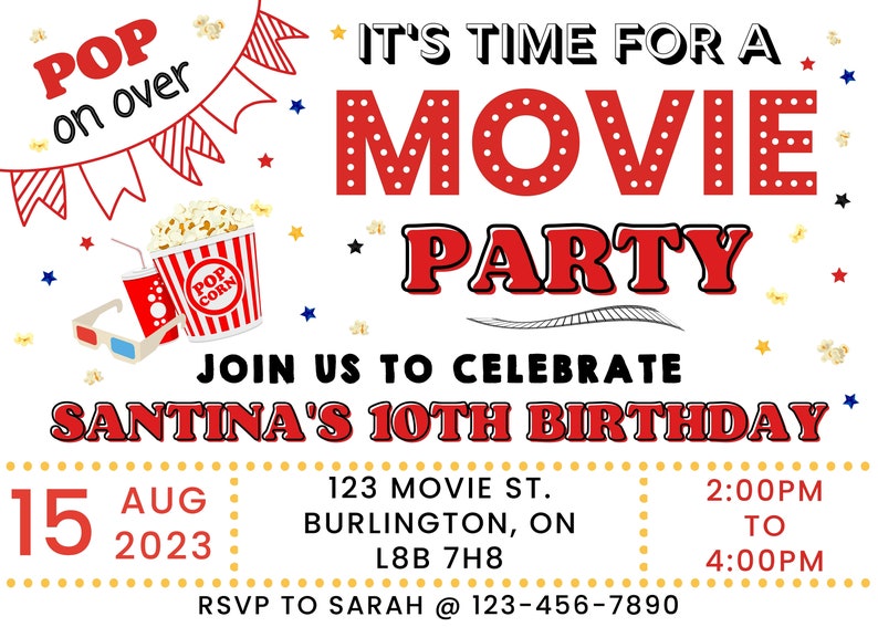 EDITABLE Movie Birthday Invitation, Pop on Over Birthday, Cinema ...