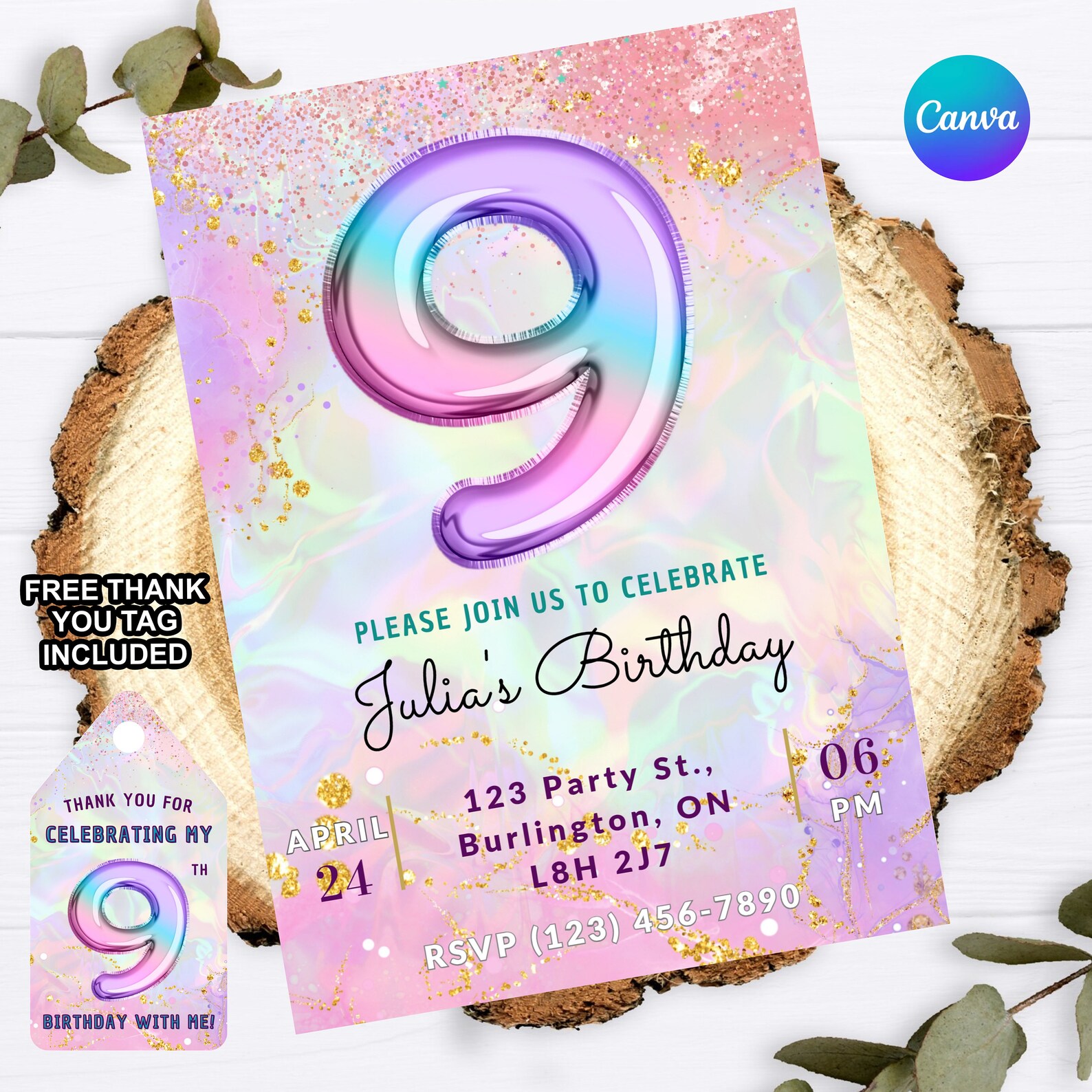 9th Birthday Invitation, Pastel Party, Glitter Rainbow Ombre, Girls ...