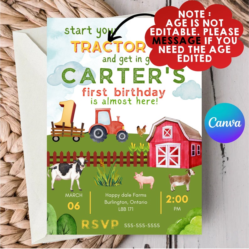 Editable 1st Birthday Tractor Invitation, First Birthday Farm ...
