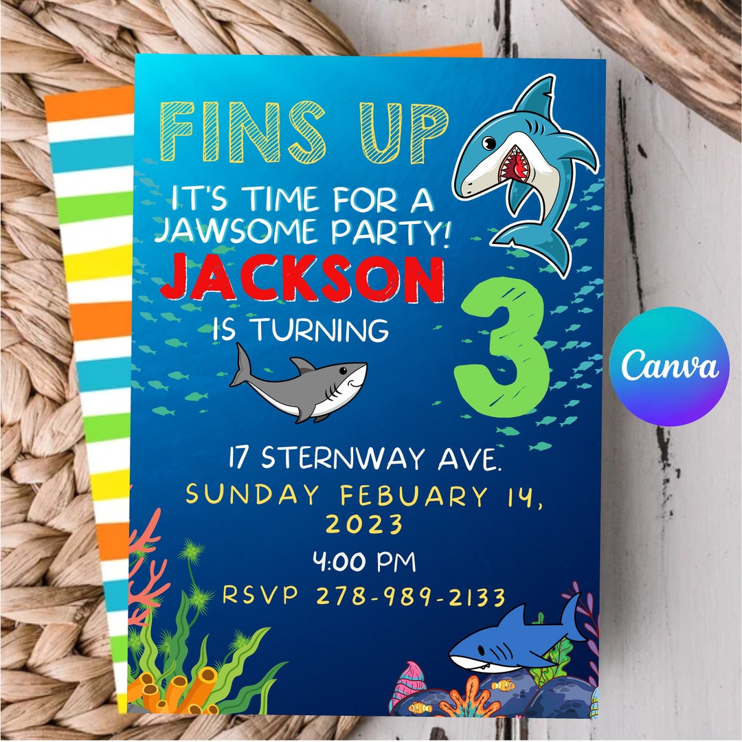EDITABLE FINS UP Shark Invitation, Any Age, Shark Birthday, Ocean ...