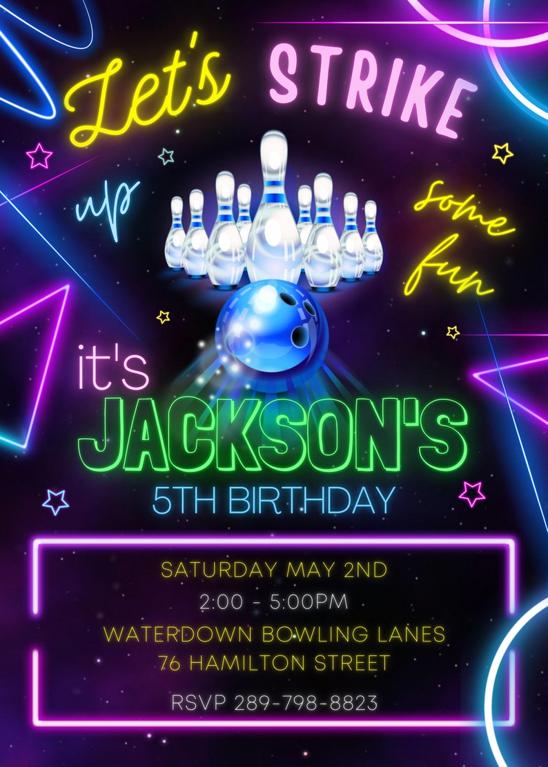Editable Bowling Birthday Invitation, Glow Bowling Invitation, Bowling ...