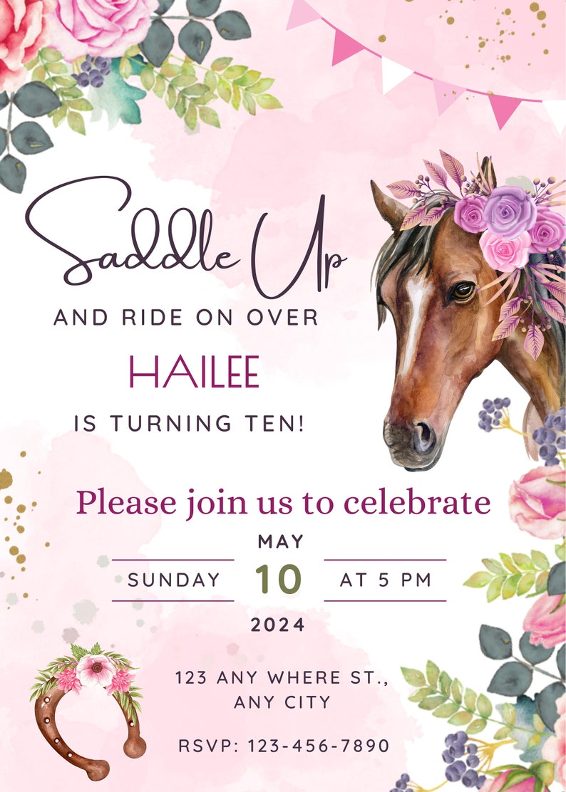 Editable Saddle up Invitation, Girl Horse Birthday, Watercolor Cowgirl ...
