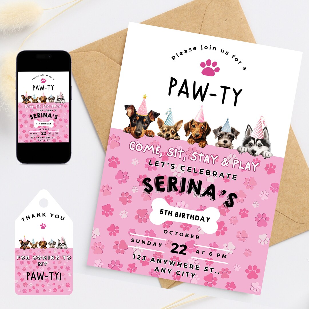 Puppy Birthday Invitation, Dog Invitation, Let's Paw-ty Birthday ...
