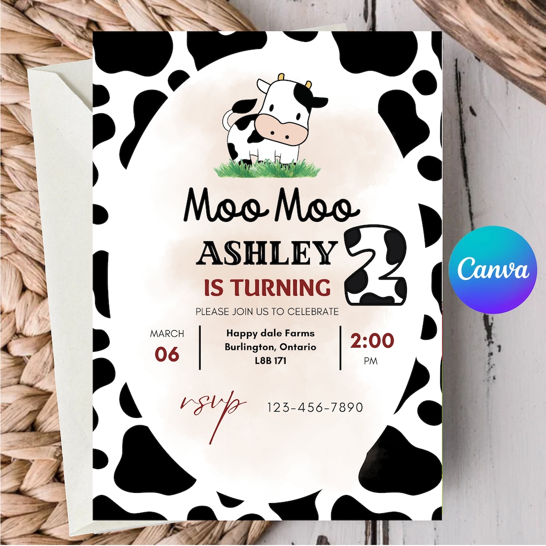 Moo Moo 2nd Birthday Invitation, Editable Moo Moo Invitation, Printable ...