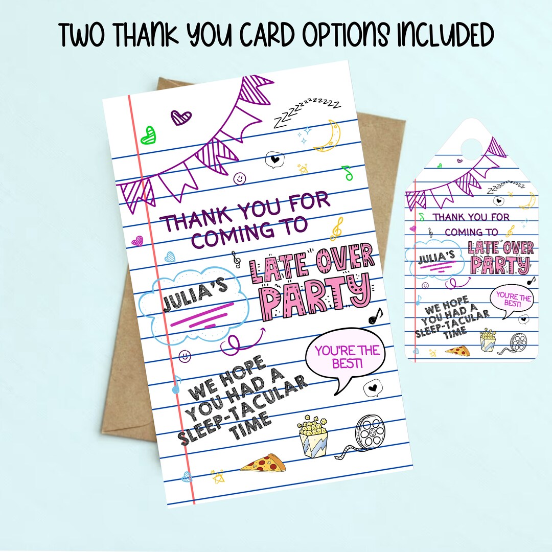 EDITABLE LATE OVER Thank You Tags, Late Stay Party Thank You Cards ...