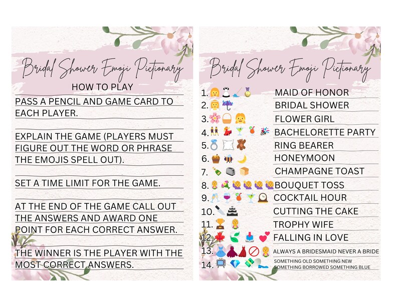 PRINTABLE EMJOI PICTIONARY Bridal Shower Games Emoji Game - Etsy